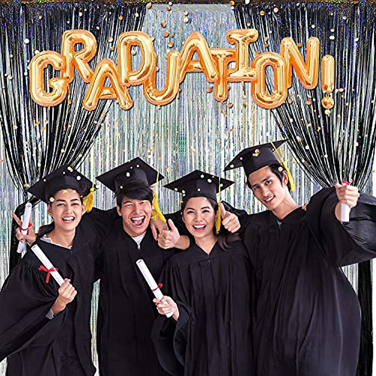 CapriValley 4 Packs 3.2ft x 6.6ft Black Fringe Curtain Foil Curtain Foil Backdrops Party Backdrops Decorations Tinsel Metallic Curtains