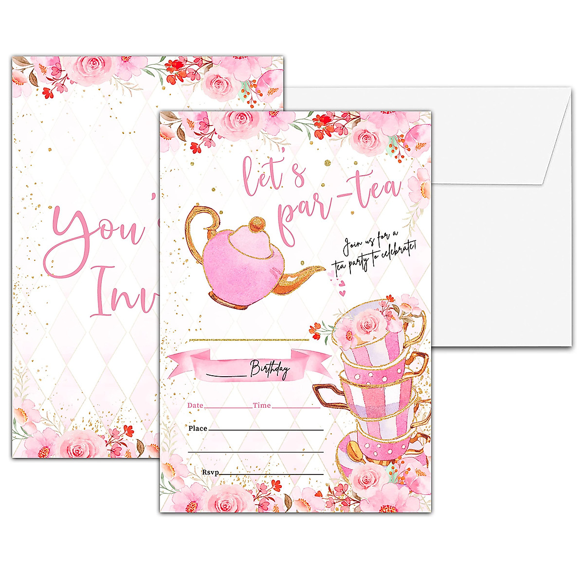 Chuxvon Tea Birthday Party Invitations, Blush Pink Floral Birthday Invitation, Double-Sided Fill In Invites, Garden Birthday Party Decorations, 20 Cards With 20 Envelopes(D11)