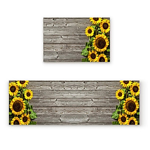 2 Piece Non-Slip Kitchen Mat Rubber Backing Doormat Sunflower on The Wooden Floor Runner Rug Set, Hallway Living Room Balcony Bathroom Carpet Sets (19.7" x 31.5"+19.7" x 47.2")