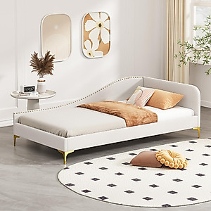 Upholstered Twin Size Daybed with Headboard and Armrest, Wooden Daybed with Sturdy Support Legs for Bedroom, Living Room, Easy Assembly (Beige, Twin)