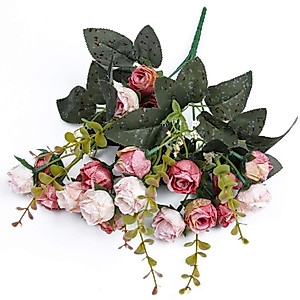 Flojery 21 Heads Silk Rose Bouquet Artificial Flowers Mini Rose for DIY Wedding Bouquets Centerpieces Bridal Shower Party Home Decorations,Pack of 4 （Pink）