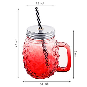 MyGift 17 oz Mason Jar Mug Glasses with Handles, Straws & Lids - Colorful Pineapple-Shaped Reusable Drinking Glass, Set of 6
