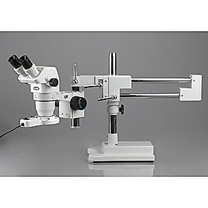 AmScope ZM-4B Professional Binocular Stereo Zoom Microscope, EW10x Eyepieces, 6.7X-45X Magnification, 0.67X-4.5X Zoom Objective, Ambient Lighting, Double-Arm Boom Stand