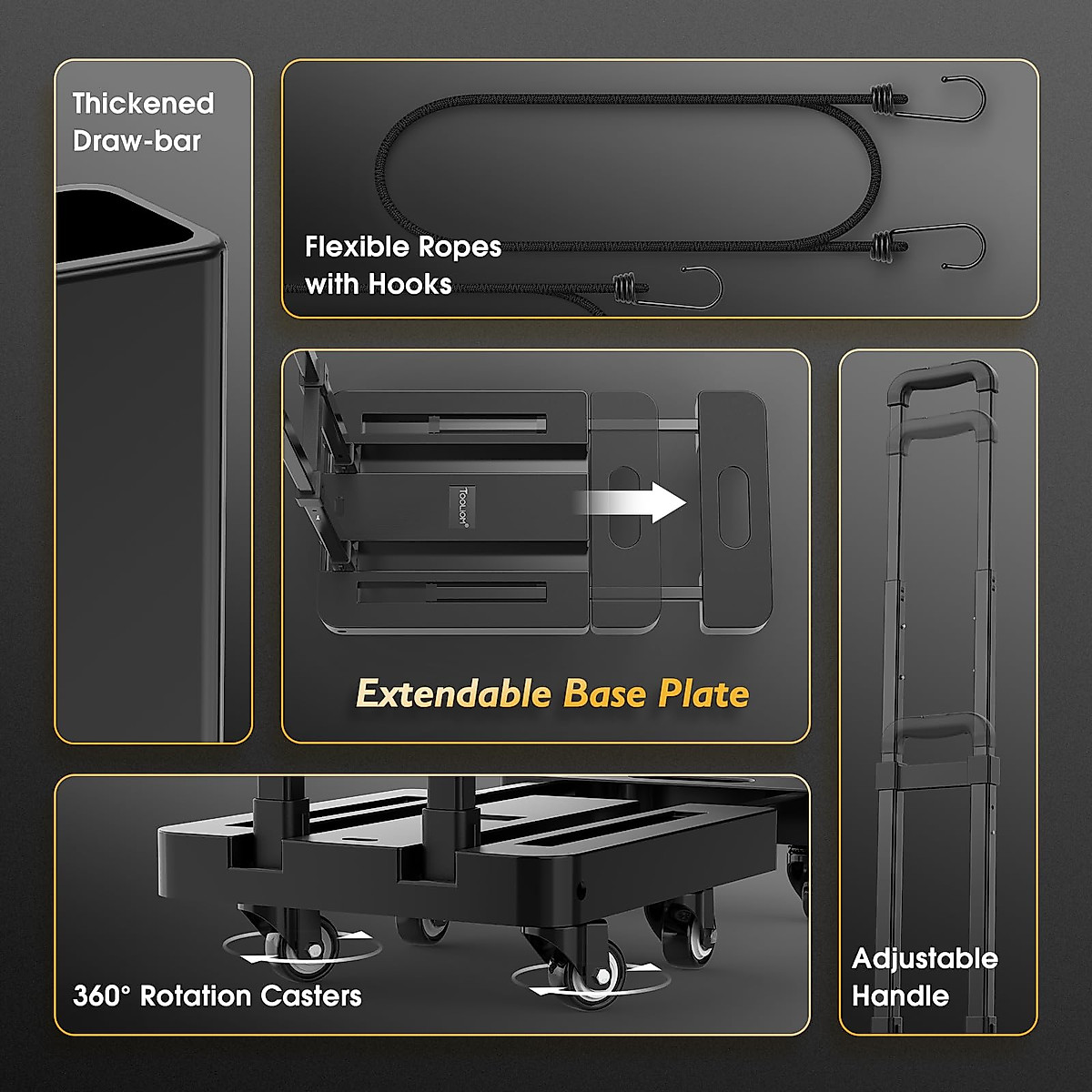 TOOLIOM Folding Hand Truck, 500 lbs Heavy Duty Foldable Luggage Cart with 6 Wheels & 2 Elastic Ropes, Portable Collapsible Dolly Cart with Extendable Base