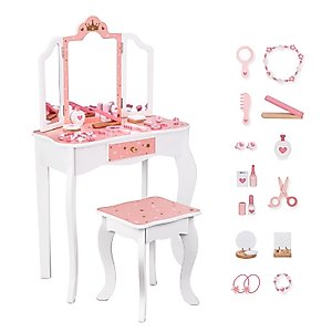 OOOK Kids Vanity Set, Girls Vanity Set with Mirror and Stool, Makeup Vanity Dressing Table for Kids, Premium Child Vanity Set as Gift, Wooden Pretend Kids Vanity Set for Little Princess.