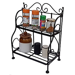 Purpledip Wrought Iron 2-Tier Foldable Table: Countertop Storage Shelf Rack Kitchen Bathroom Storage Organizer (12519)