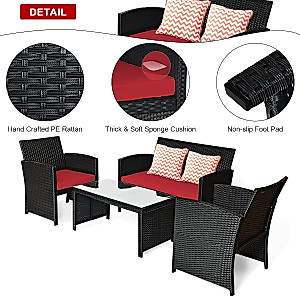 Tangkula Patio Wicker Conversation Furniture Set, Patiojoy Sofa & Table Set w/4 Seats, Outdoor Rattan Sofa Set for Balcony Backyard, Wicker Chair Set with Tempered Glass Coffee Table (1, Red)