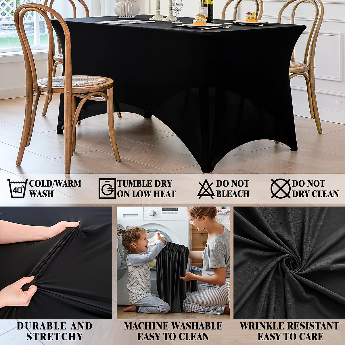 Famstar Table Cloth 2 Pack Black 6FT Spandex Tablecloth for Rectangle Table Fitted Table Cloths Stretch Covers Washable Wrinkle Free Tablecloths for Festival Camping Picnic Wedding Party Table Cover