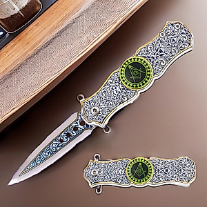 Masonic Folding Knife with Fidget Spinner, Crafted, Durable Tool with Engraved Masonic Emblems for Everyday Use, Ceremonial Purposes, & Collectors, Craftsmanship Practical Design (Camo)