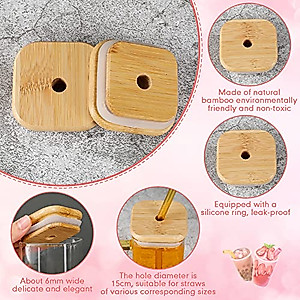 Rtteri 6 Set Glass Cups Square Drinking Glasses with Bamboo Lid Straw and Handle Appreciation Gifts for Employee Coworker Portable Coffee Mugs(13 oz, Small,Clear)