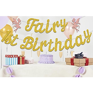 Fairy 1st Birthday Banner, Cute Fairies 1st Birthday Party Decorations, Flower Fairy Girl Happy First Birthday Anniversary Baby Shower Party Supplies Gold Rose Gold