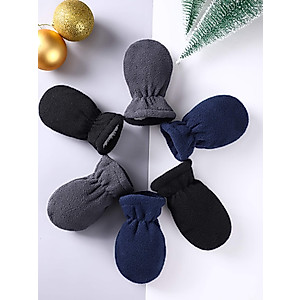 SATINIOR 3 Pairs Baby and Toddler Winter Mittens Kids Fleece Warm Mittens for Baby Boy Girl (Black, Navy Blue, Grey, 6-18 Months)
