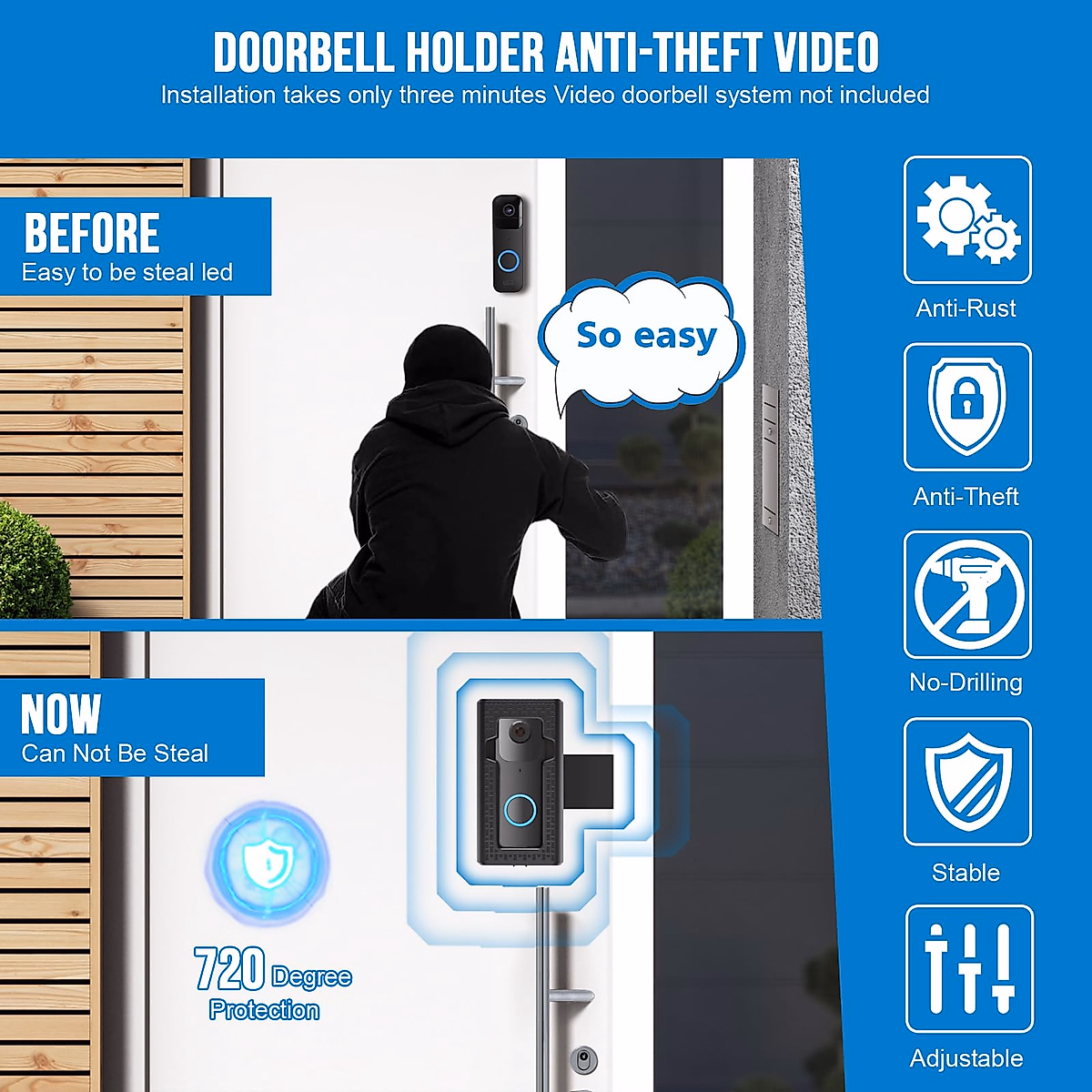 Anti-Theft Blink Video Doorbell Door Mount,No-Drill Adjustable Mounting Bracket,Not Block Doorbell Motion Sensor,Easy to Install Blink Video Doorbell Accessories for Houses Apartments Office