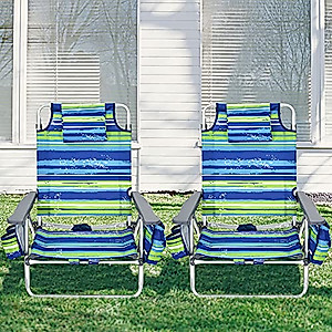 Giantex Beach Chair 2-Pack Sling Camping / Sunbathing Chairs with 5 Adjustable Position, Head Pillow, Storage Bag, Towel Bar, Cup Holders, Folding Fishing Backpack Lawn Chairs