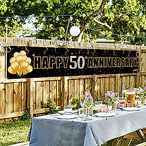 Yoaokiy Happy 50th Anniversary Banner Decorations, Black Gold 50 Wedding Anniversary Party Supplies, 50 Years Wedding Anniversary Party Sign(9.8x1.6ft)