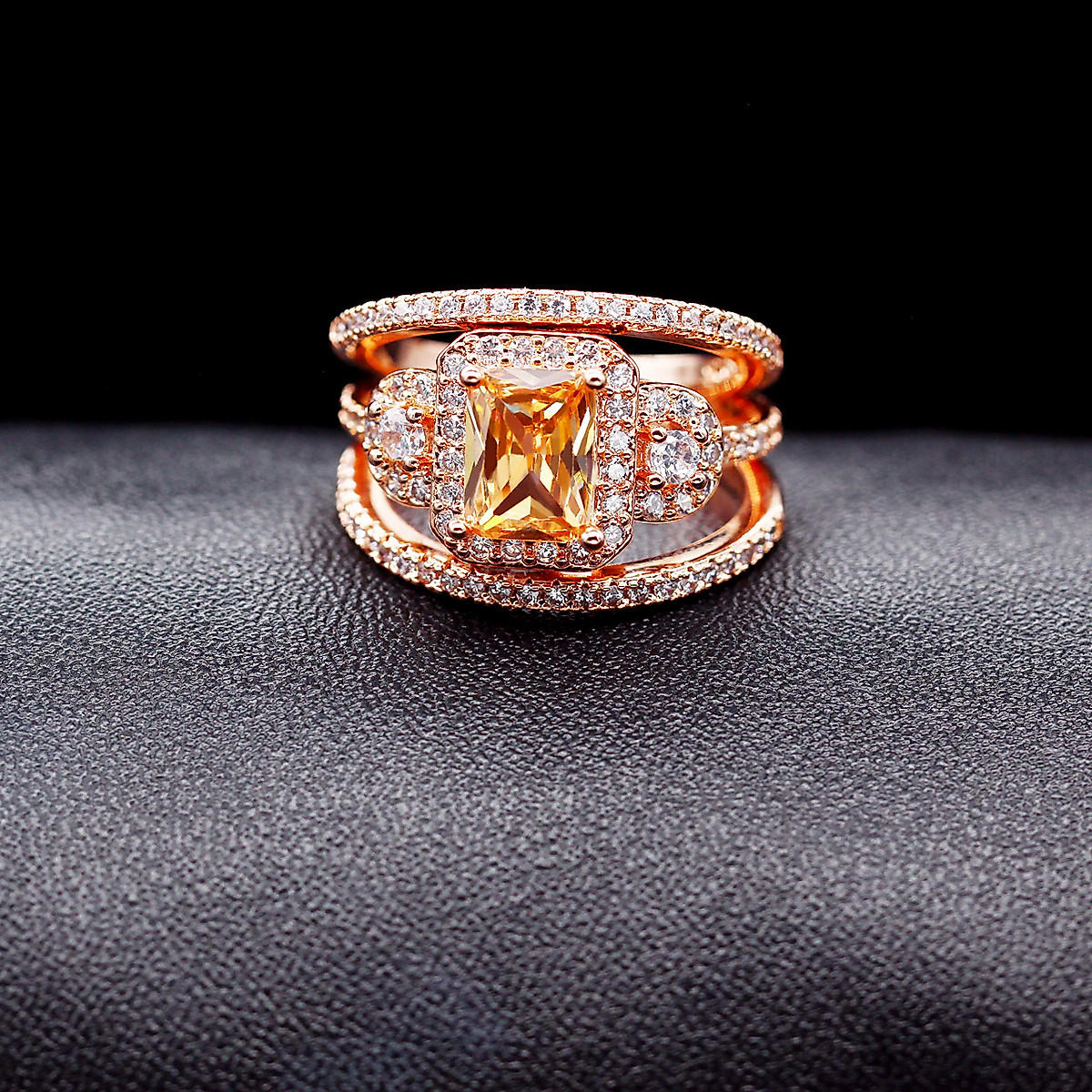 Uloveido Sqaure Orange Yellow CZ Zircon 3-Stone Stack Rings Set for Anniversary Bridal Bridesmaid, Rose Gold Plated Cubic Zirconia Crystal Rings Eternity Bands (Size 10) Y434