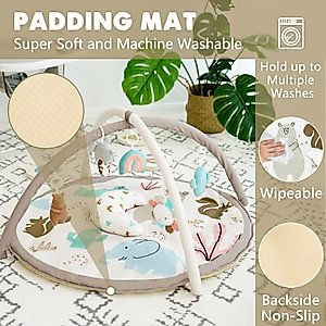 Washable Baby Gym Activity Center with Animal Play Mat, Visual, Hearing, Touch, Cognitive Early Development Playmats, 6 Toys for Infant & Toddler, Larger, Non Slip