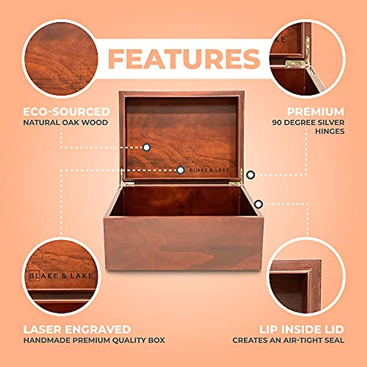 Blake & Lake Large Wooden Box with Hinged Lid - Wood Storage Box with Lid - Wooden Keepsake Box - Decorative boxes with lids (Dark Oak)