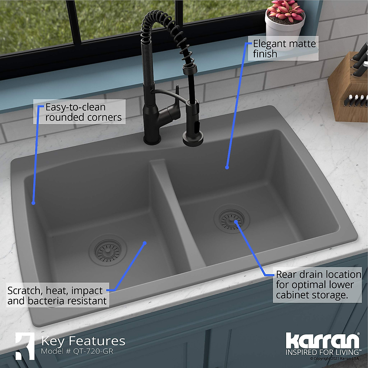 Karran QT-720 Drop-In Quartz Composite 34 in. 1-Hole 50/50 Double Bowl Kitchen Sink in Grey