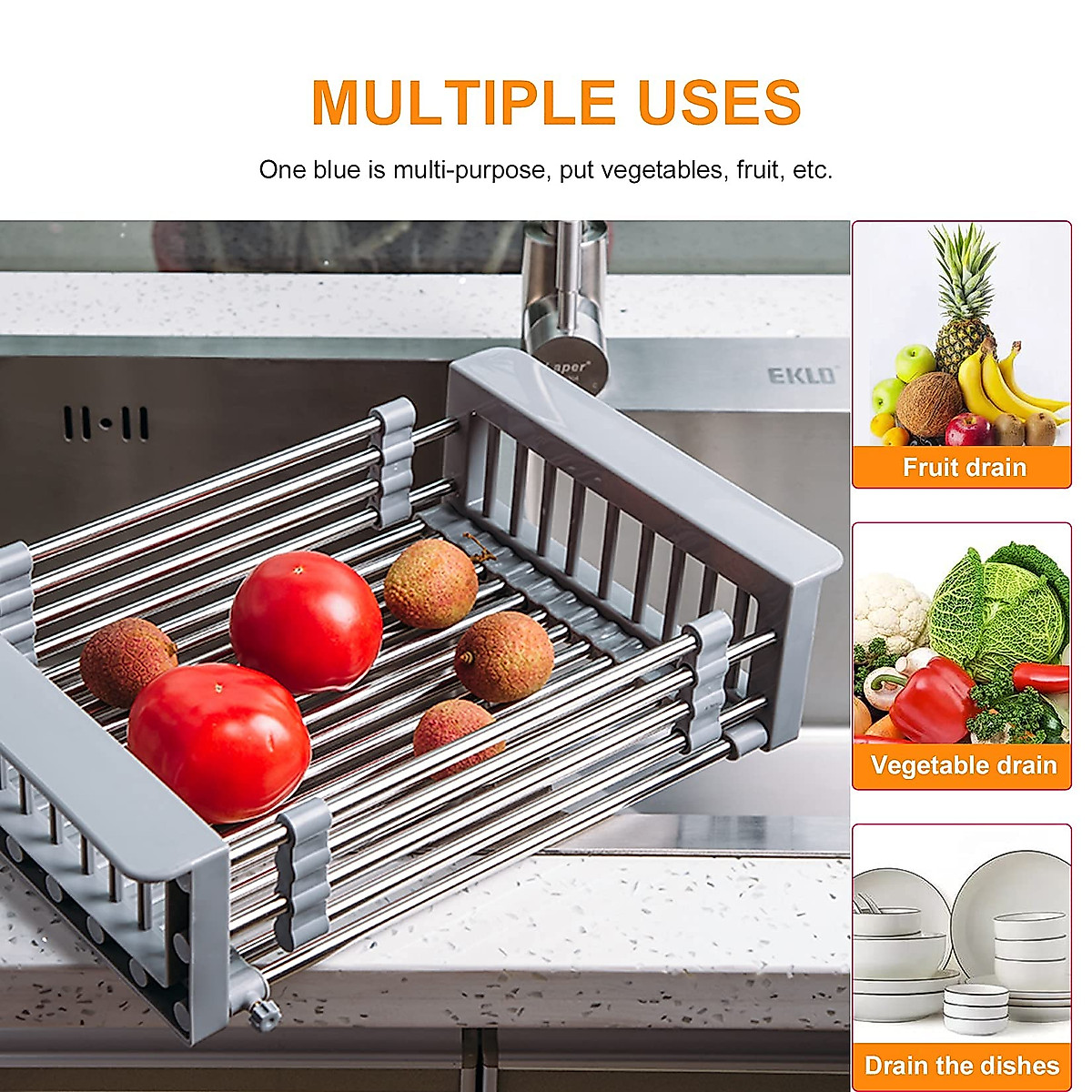 MSAAEX Expandable Dish Drying Rack, Over Sink Dish Drying Rack , Draining Dishes & Fruit Drain- Rustproof Stainless Steel for Kitchen, Rugged Sink Drain Rack (Gray)