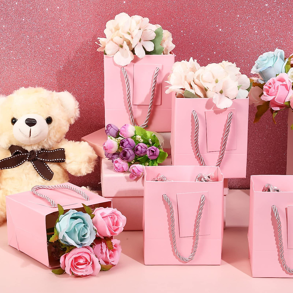 50 Pcs Mini Gift Bags Bulk Paper Bags with Gift Tags Small Paper Gift Bags with Handles for Valentine's Day Birthdays Baby Showers Weddings Party Favors Supplies 4 x 2.75 x 4.5 Inch