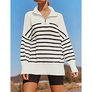 ZESICA Women's Striped Sweaters Half Zipper Long Sleeve Ribbed Knit Loose Oversized Pullover Sweater Tops,White,Small