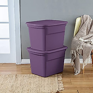 Sterilite 17318V08 Lidded Stackable 18 Gallon Storage Tote Container w/Handles and Indented Lid for Efficient, Space Saving Household Storage, Purple