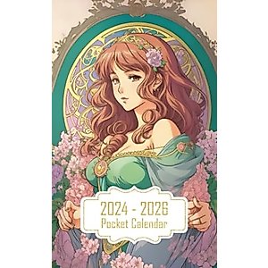 Pocket Calendar 2024-2026: Two-Year Monthly Planner for Purse , 36 Months from January 2024 to December 2026 | Art-Nouveau-Style | Cloze Decorative Frame | Anime 1980's Female