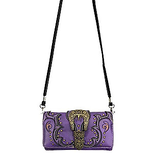 Justin West Patina Girl Western Bronze Floral Buckle Conceal Carry Handbag Purse Tote and Strap Wallet (Purple Hobo Wallet Set)