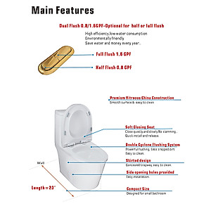 WinZo 23-inch Small Toilet One Piece with Golden Push Button Modern Design For Compact Narrow Bathroom 12" Rough-in White