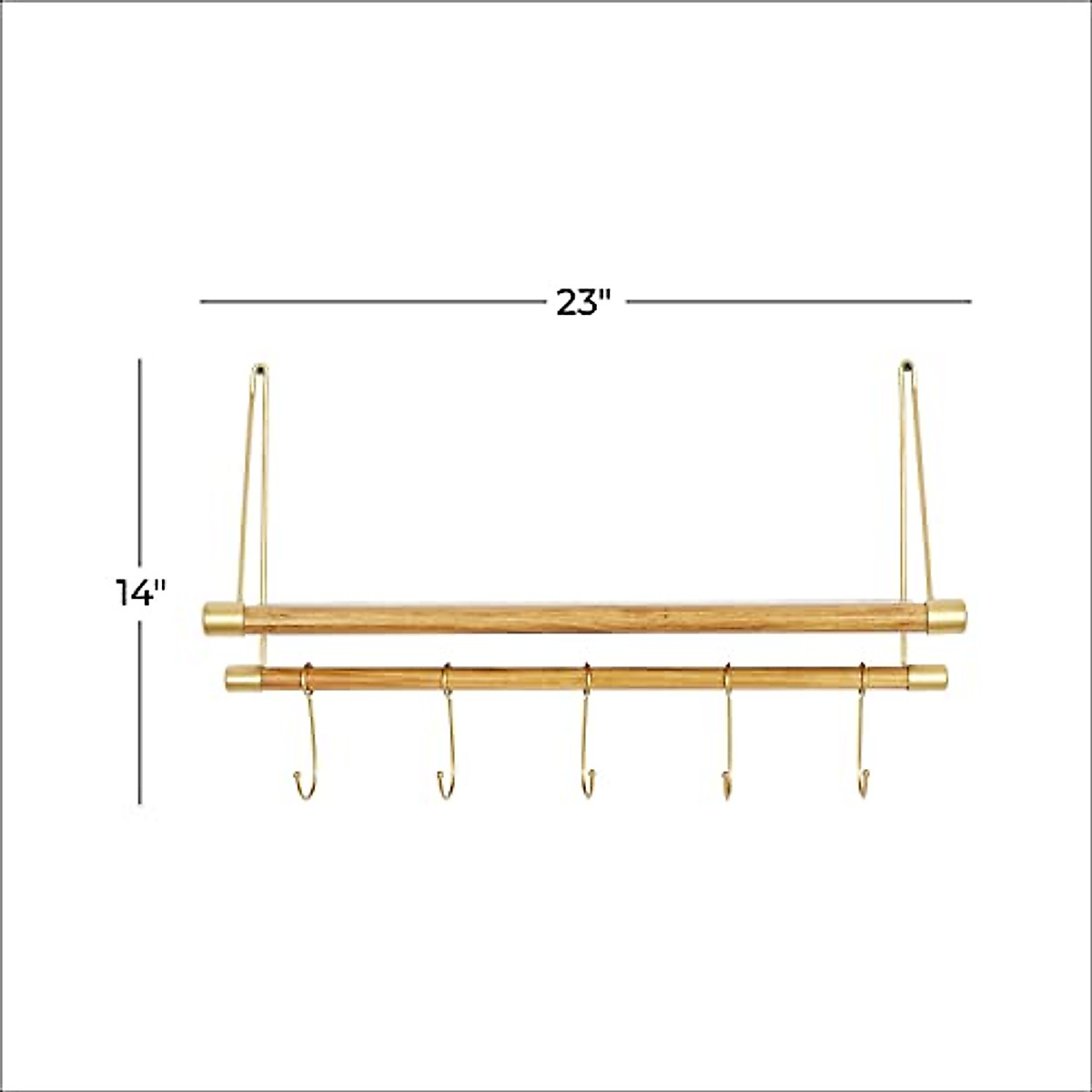 Deco 79 Wood 1 Shelf and 5 Hangers Wall Hook, 23" x 6" x 14", Gold