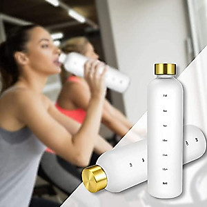 Water Bottle with Time Marker, 32oz 1 Liter, BPA Free Frosted Plastic, Reusable Water Bottle, Leakproof (Clear-White)