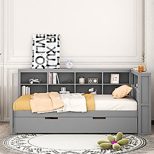 Twin Daybed with Trundle and Bookcase Headboard, Wood Platform Bed Frame with Charging Station and Storage Shelves, USB Port and Outlet Plug, No Box Spring Needed, Gray