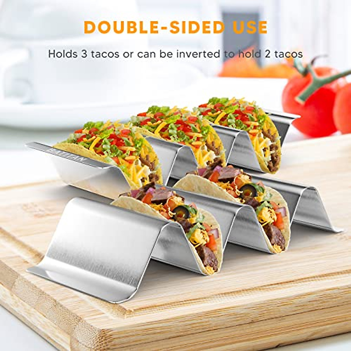 Taco Holder, Taco Stand, Taco Holders Set of 4, Stainless Steel Taco Rack with Handles, Each Metal Taco Tray Plates Holds Up to 2 or 3 Hard or Soft Taco Shells, Oven Grill and Dishwasher Safe