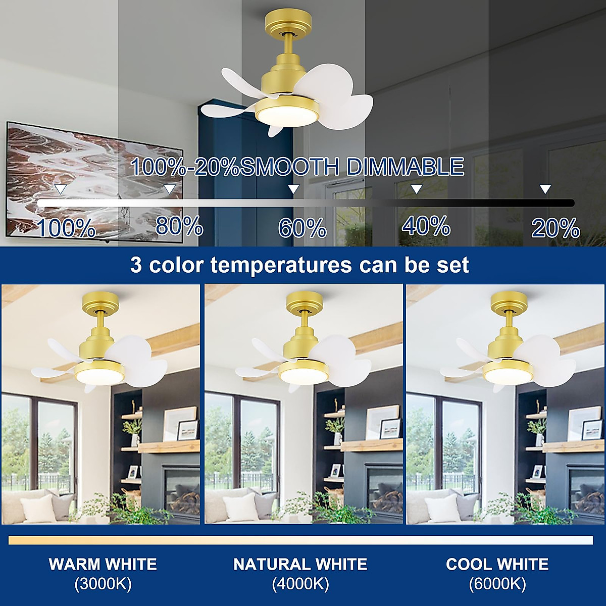 Ceiling Fan With Lights and Remote,Large Airflow 22inch Quiet Reversible Noiseless DC Motor 5 Blades Ceiling Fans for Indoor Bedroom Living Room Room Patio(White Gold)