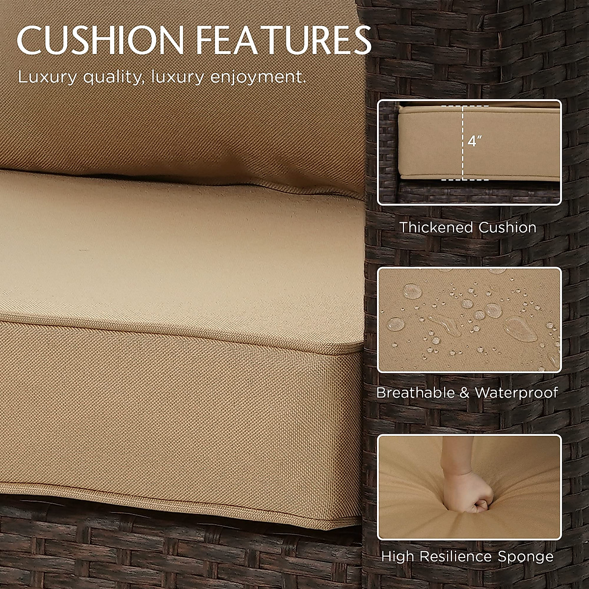 SUNVIVI OUTDOOR Patio Couch Sofa,4-Seat Outdoor Wicker Brown Rattan Sectional Couch Furniture Aluminum Frame with Non-Slip Beige Cushion