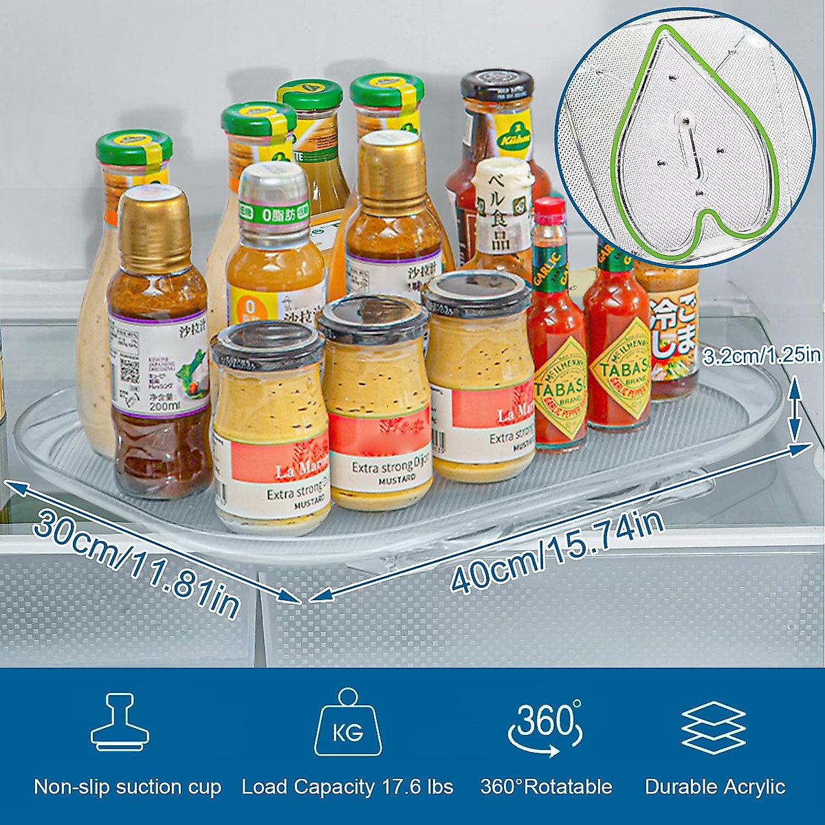 Square Lazy Susan Turntable Organizer for Refrigerator, 360°Rotate Rectangle Turntable Organizer and Storage, 15.7in Clear Lazy Susan for Cabinet, Kitchen, Pantry, Refrigerator