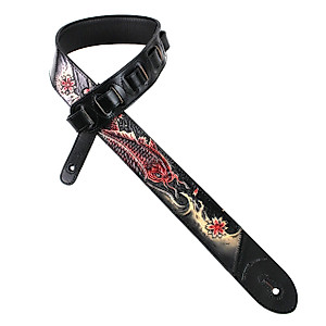Walker And Williams KB-24 Black & Ruby Red 2" Premium Carved Grain Leather Guitar Strap With Koi Fish Design For Acoustic, Electric, And Bass Guitars