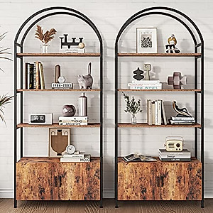 Jehiatek Arched Bookshelf, Bookcase with Doors Storage, 71 Inches Tall Industrial Book Shelf with Sturdy Metal Frame, E1 Quality Boards, Freestanding Display Shelving Unit, Black and Rustic