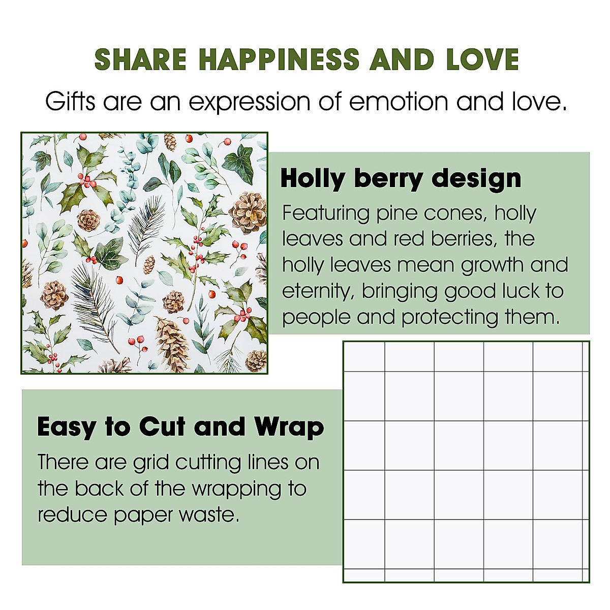 Afucus Christmas Wrapping Paper, Mini Rolls, Christmas Pine Cones, Holly Leaves, Red Berries, Merry Christmas Gift Wrapping Paper Rolls for Christmas, Party, Birthday, Holidays (17 Inch X 33 Feet)