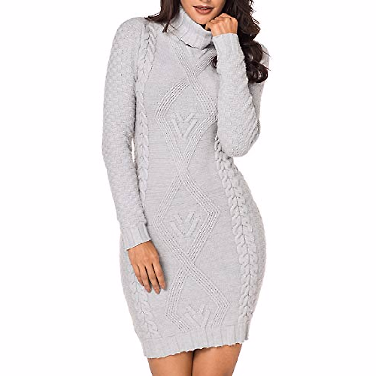 LaSuiveur Women's Slim Fit Cable Knit Long Sleeve Sweater Dress (S, Turtleneck Light Grey)