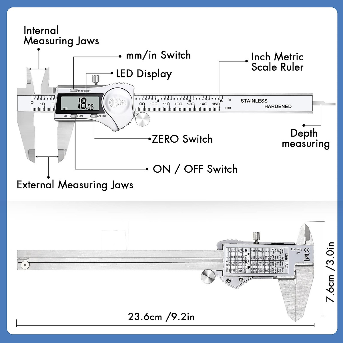 Simhevn Electronic Digital Calipers, inch and Millimeter Conversion,LCD Screen displays 0-6" Caliper Measuring Tool, Automatic Shutdown, Suitable for DIY/Jewelry Measurement (150mm inch/mm/Fraction)