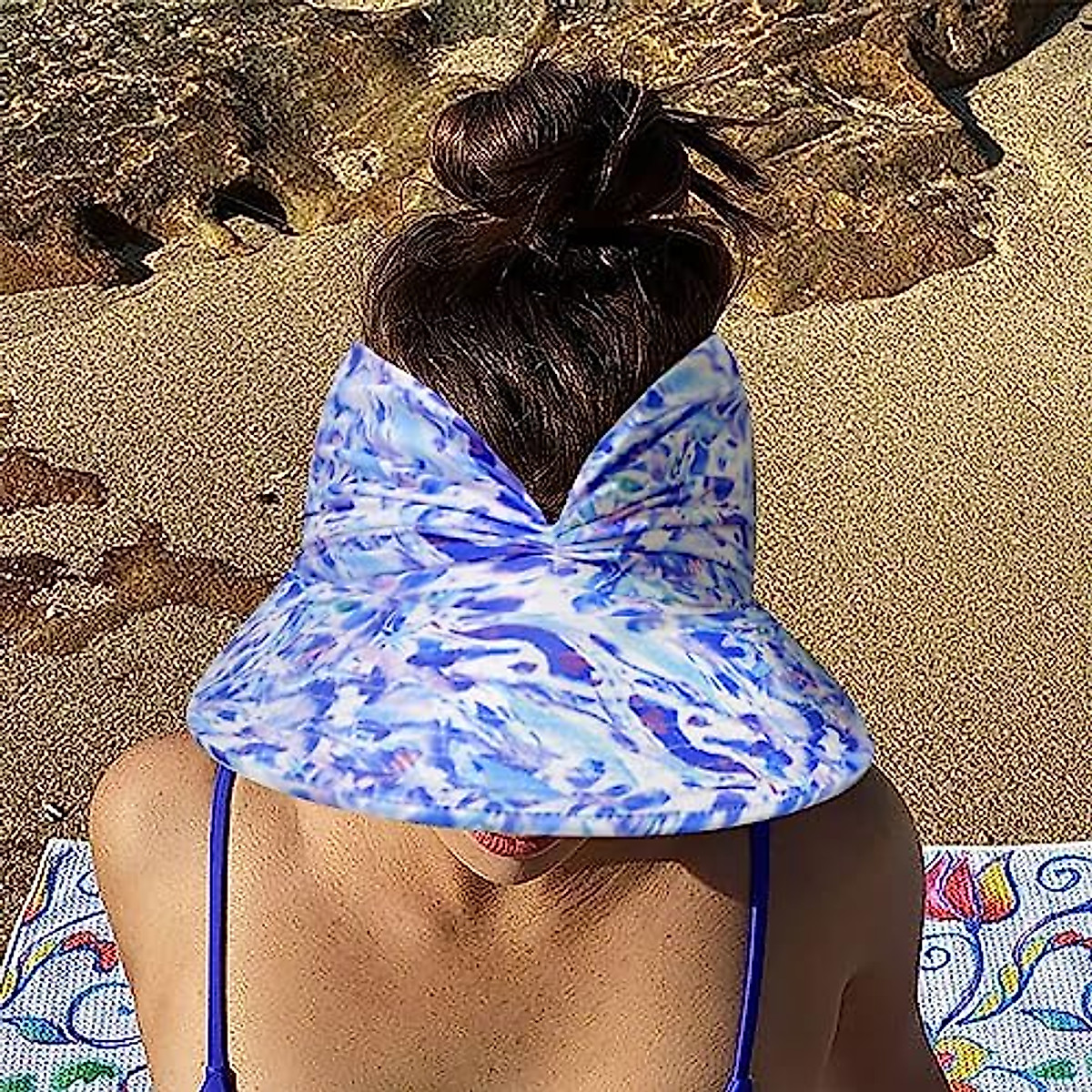 Sun Visor Hat for Women,Summer Beach Hats Foldable,Wide Brim, Ponytail,Fashion Sun Shade UV Protection Soft Hat for Outdoor Blue