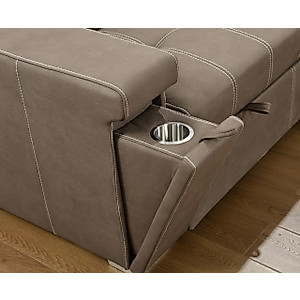 THSUPER 100" Microfiber L Shape Sleeper Sectional Sofa with Pullout Bed. 5-Seats Sectional Couch with Storage Ottoman and Cup Holder. Adjustable Headrest with Sectional Sleeper Couch. Brown