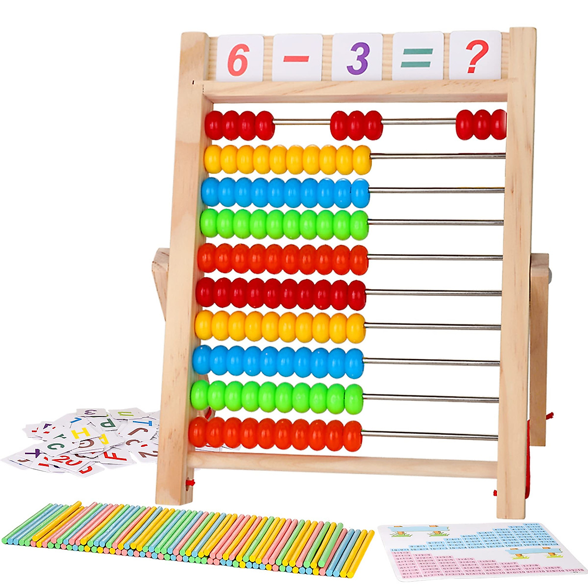 WOODMAM Wooden Abacus for Kids Math, Educational Counting Toy with Counting Sticks and Number Alphabet Cards, Preschool Learning Toys Gift for Boys Girls Age 3+ Years Old
