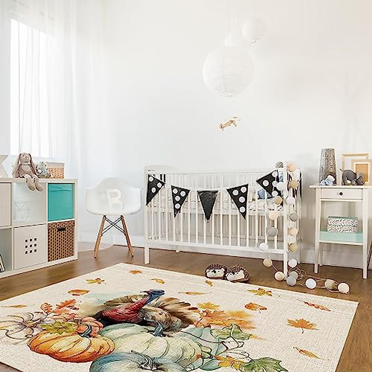 OComster Thanksgiving Rectangle Shape Large Area Rugs - 4 x 6 Feet Pumpkin Teal Orange Turkey Fall Maple Leaves Burlap - (Non-Woven + Rubber) Low File Floor Mat