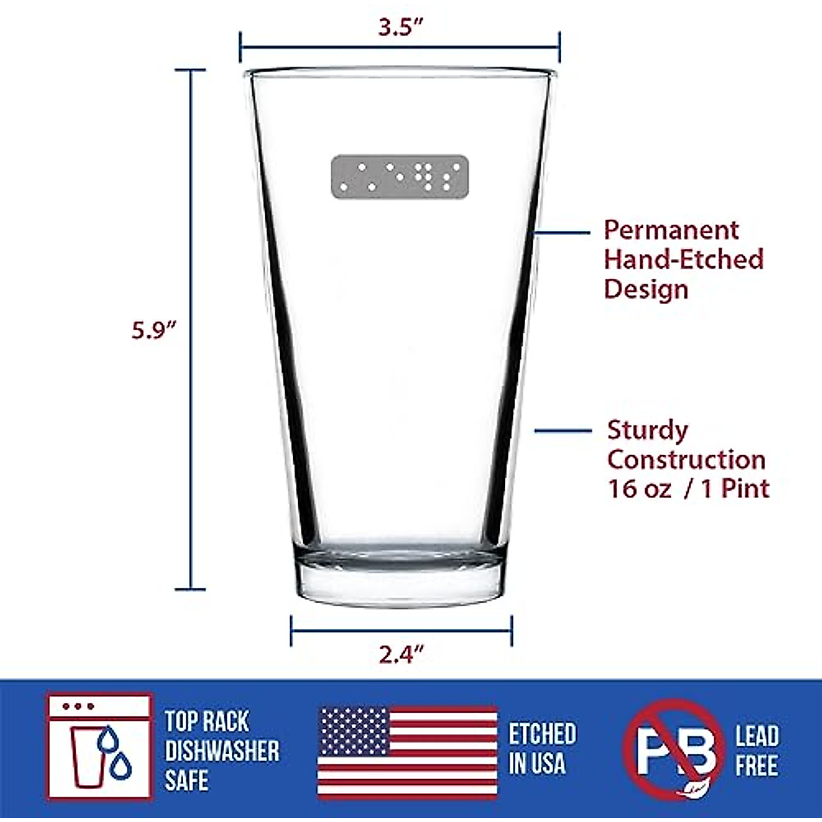 Braille Cheers Pint Glass for Beer - Fun Braille Gifts for Braille Teachers and Visually Impaired or Blind Braille Readers - 16 Oz Glasses