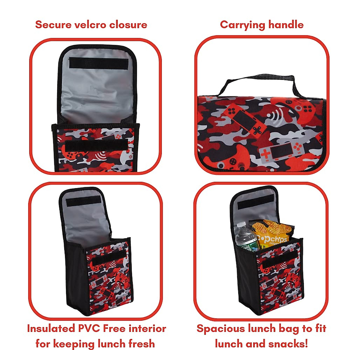 RALME Red Camo Gaming Backpack Set for Boys, 16 inch, 6 Pieces - Includes Foldable Lunch Bag, Water Bottle, Key Chain, & Pencil Case