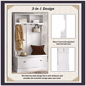 Prohon 71.9'' H Hall Tree with 4 Hooks, Top Shelves and 2-Drawer Storage Bench, 3-in-1 Wood Entryway Coat Rack Multifunctional Halltree for Hallway, Bedroom, White