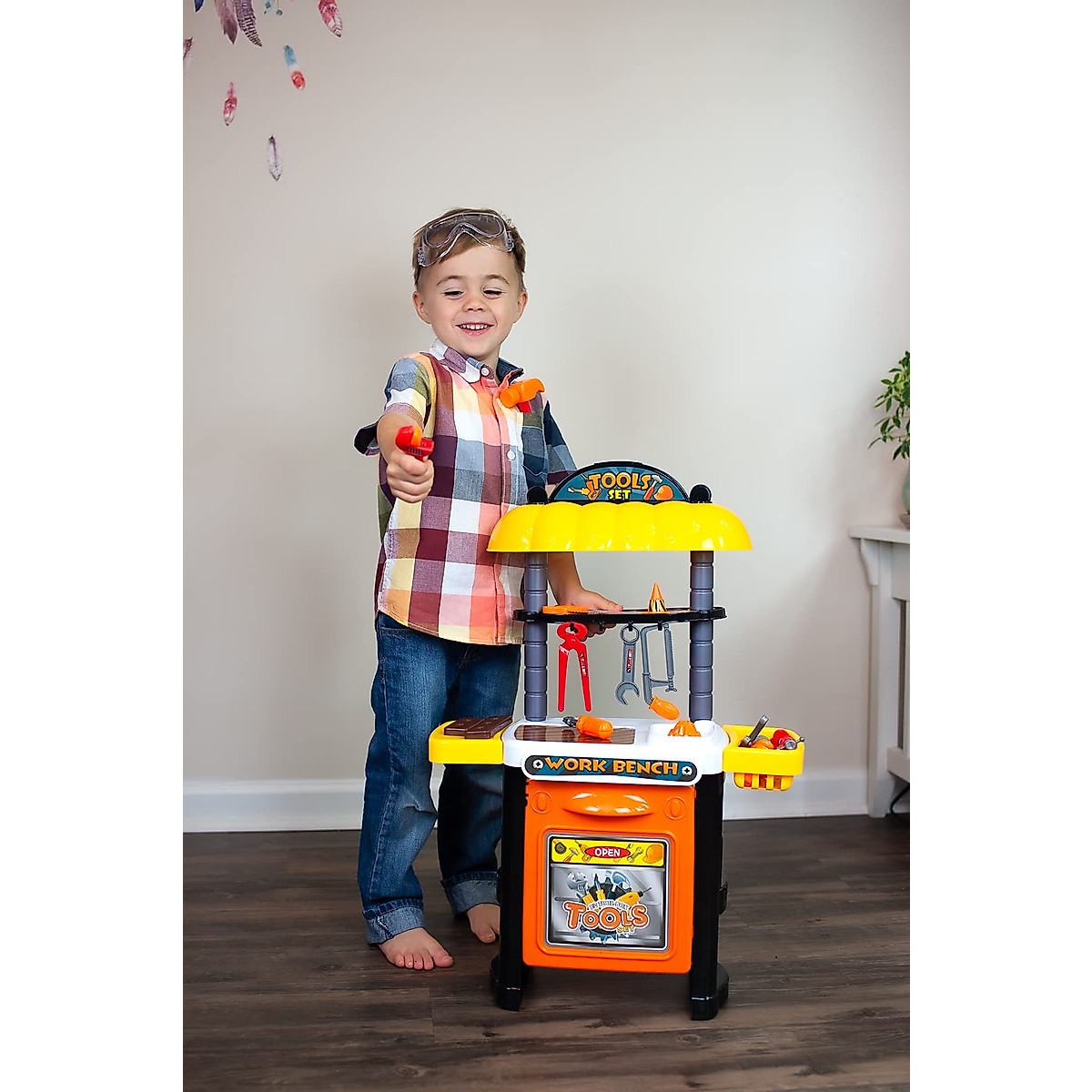 Kids Tool Bench, 32 Piece Toddler Workbench with Toddler Tool kit, Pretend Play Tool Set for Kids, Kids Workbench STEM Role Play Construction Toy Tool Bench, Indoor & Outdoor Set for Kids Ages 3+